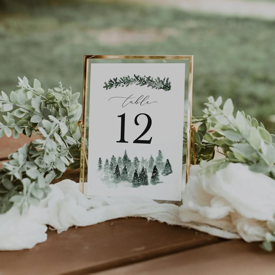 Winter Wedding Table Numbers – Emerald Green Forest Evergreen Trees ...