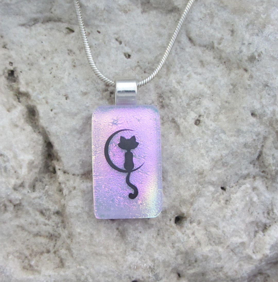 Moon Cat Pendant Dichroic Fused Glass Jewelry Pink Cat Necklace - Etsy