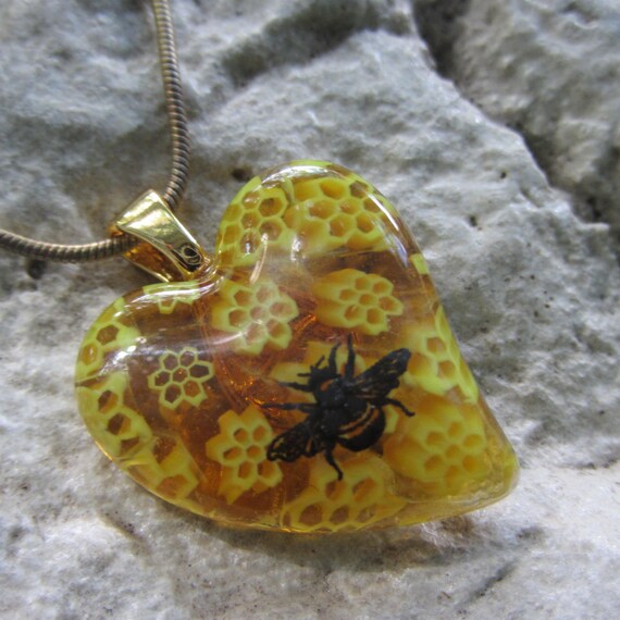 Honey Bee Heart Necklace Fused Glass Yellow Honeycomb Heart Pendant Etsy