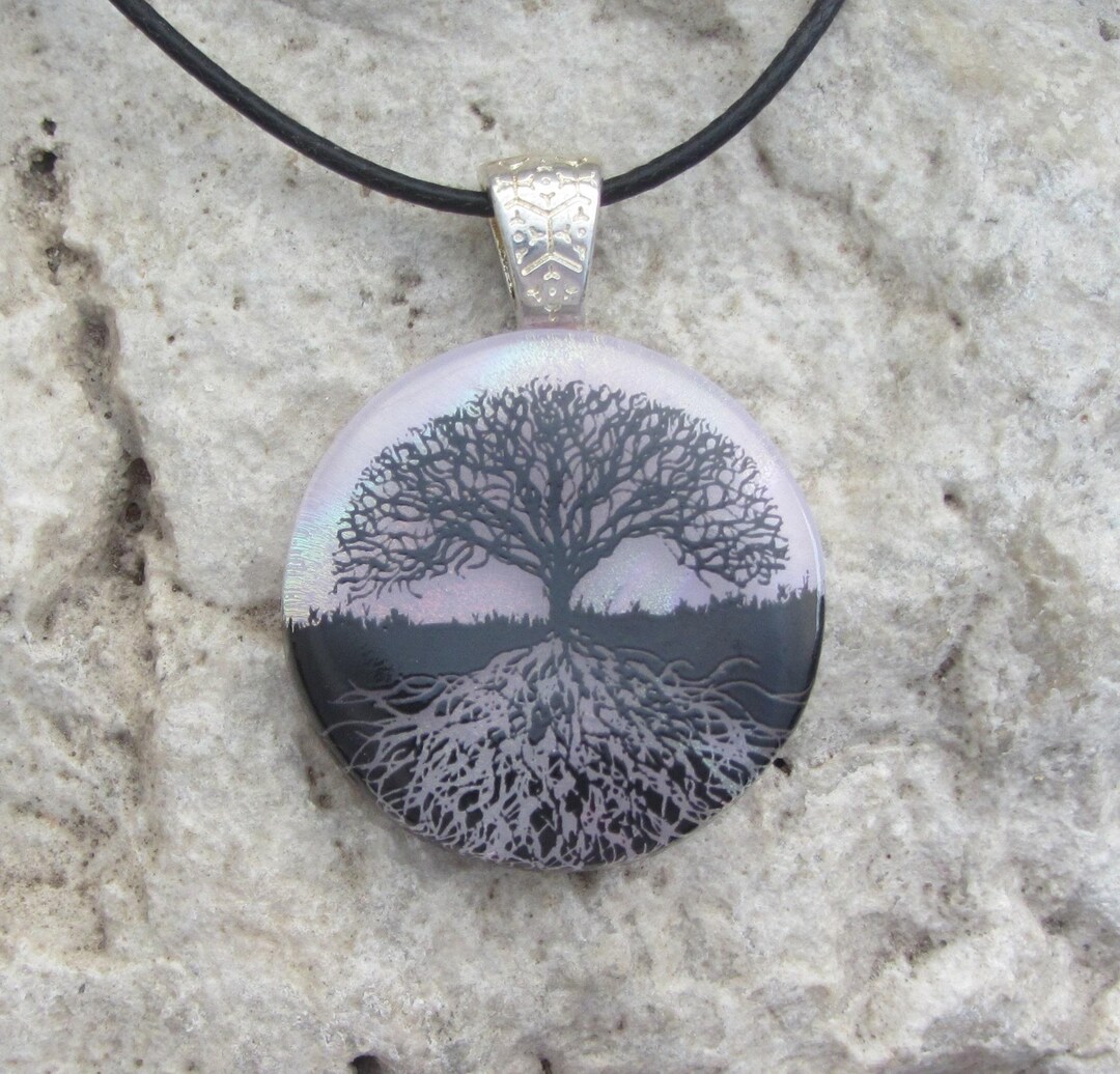 Pink Rainbow Tree of Life Necklace Dichroic Fused Glass Pink Tree Roots ...