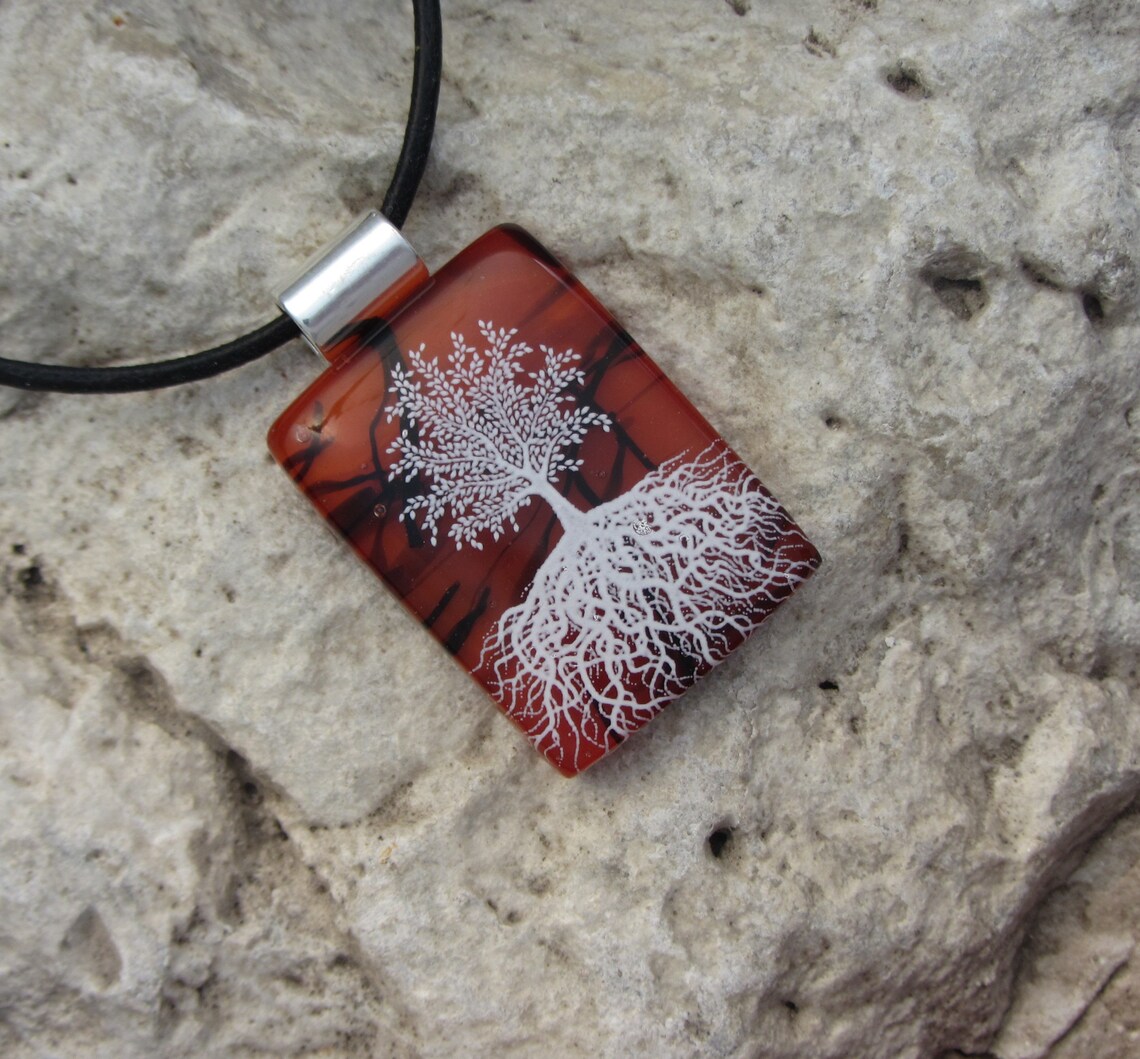 Red Tree of Life Necklace Fused Glass Tree Roots Pendant | Etsy