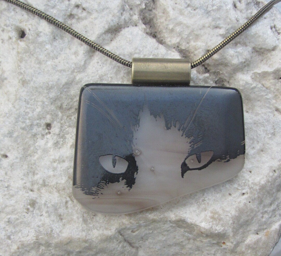 Cat Pendant Necklace Fused Glass Brown Tabby Cat Eyes Jewelry - Etsy
