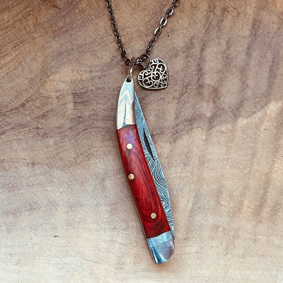 Hand Forged Pocket Knife Necklace, Damascus Steel Knife, Knife Jewelry ...