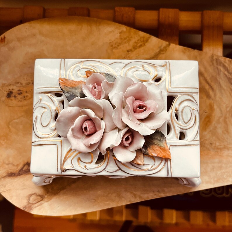 Vintage Rose Trinket Box, Vintage Home Decor, Ceramic Jewelry Box ...