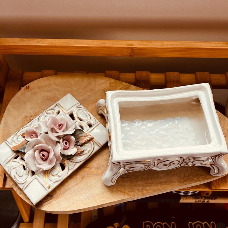 Vintage Rose Trinket Box, Vintage Home Decor, Ceramic Jewelry Box ...