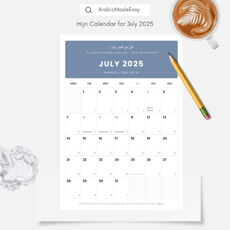 2025 Monthly Hijri Calendar July, Minimalist Islamic Planner, Muslimah ...