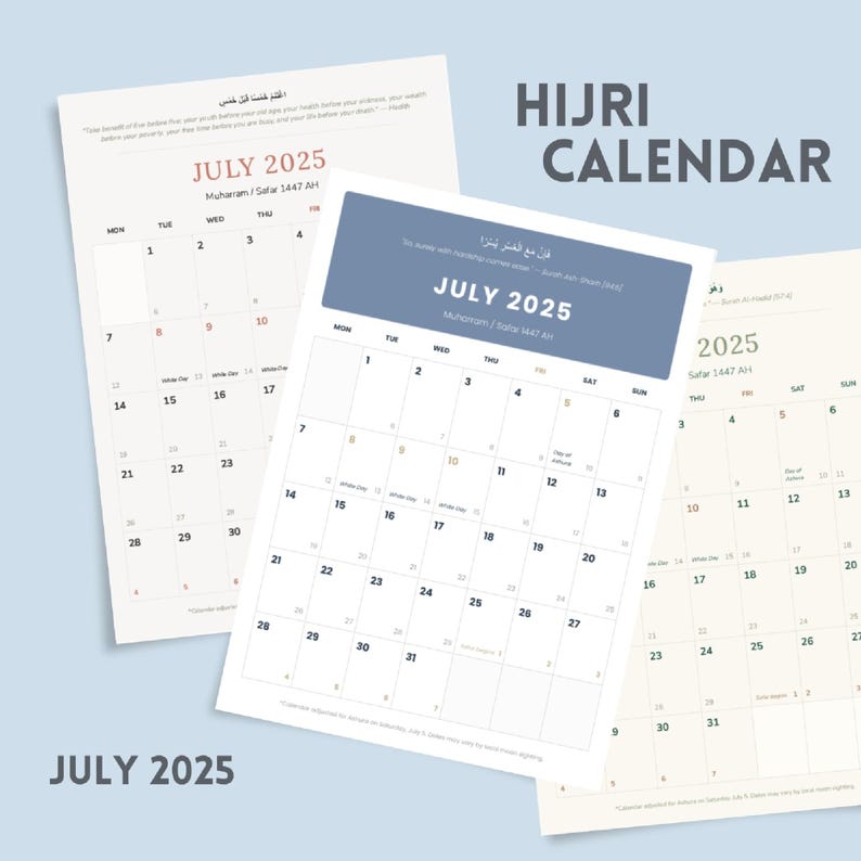 2025 Monthly Hijri Calendar July, Minimalist Islamic Planner, Muslimah ...