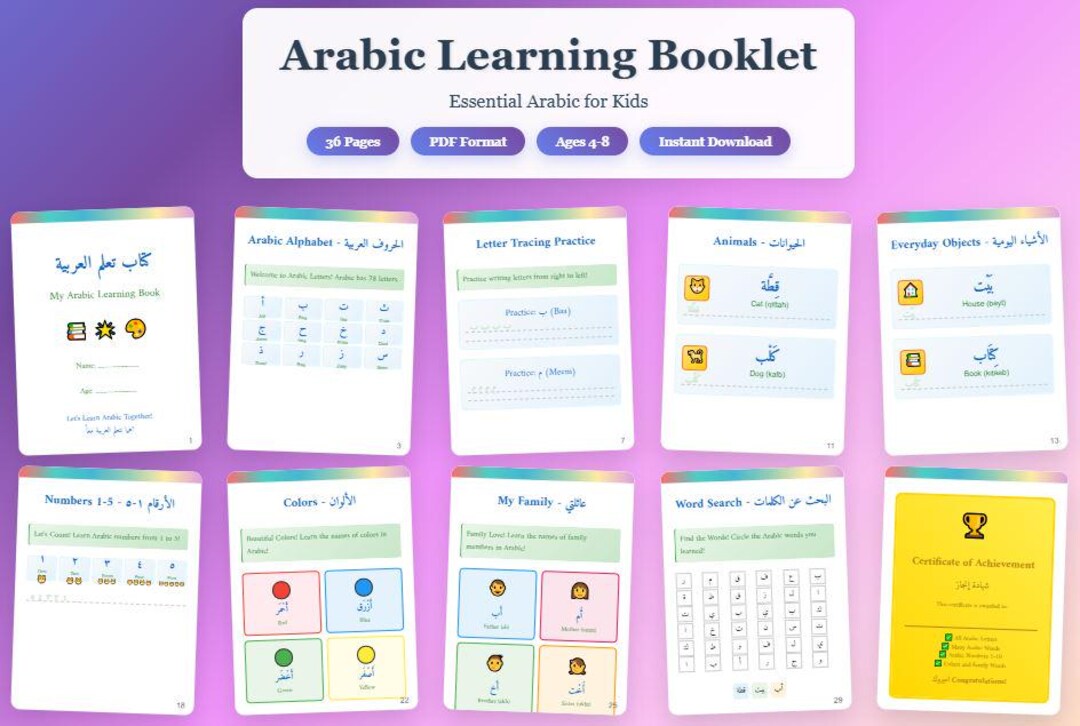 Arabic for Kids Printable Learning Booklet Arabic Alphabet Numbers and ...