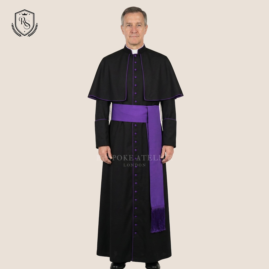Black Clergy Cassock With Purple Trim & Pellegrina – Priest Soutane ...