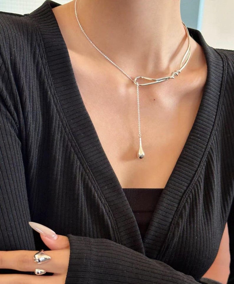 Sculptural Teardrop Slide Choker | Silver-tone Pull-adjust Lariat ...