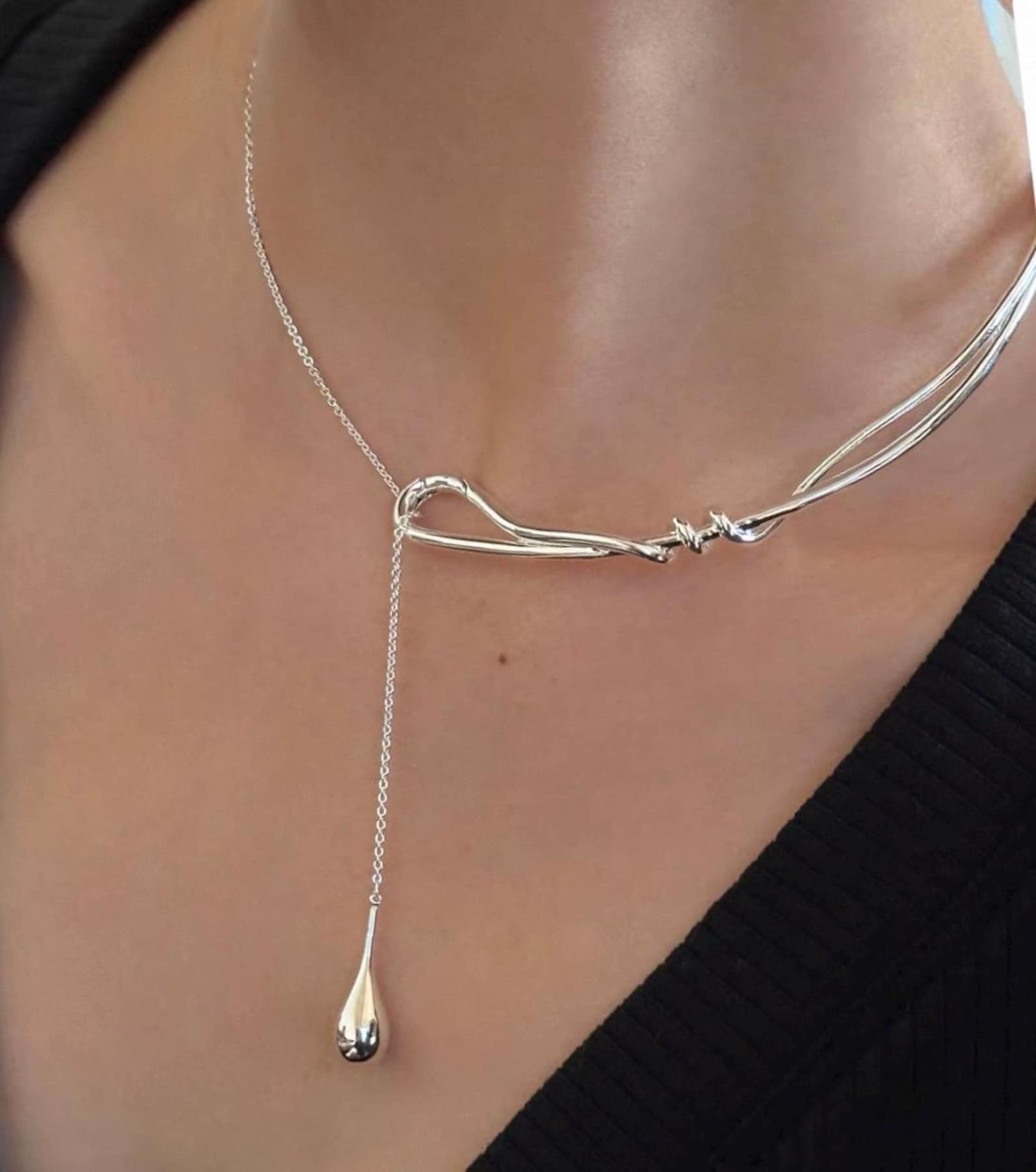 Sculptural Teardrop Slide Choker | Silver-tone Pull-adjust Lariat ...