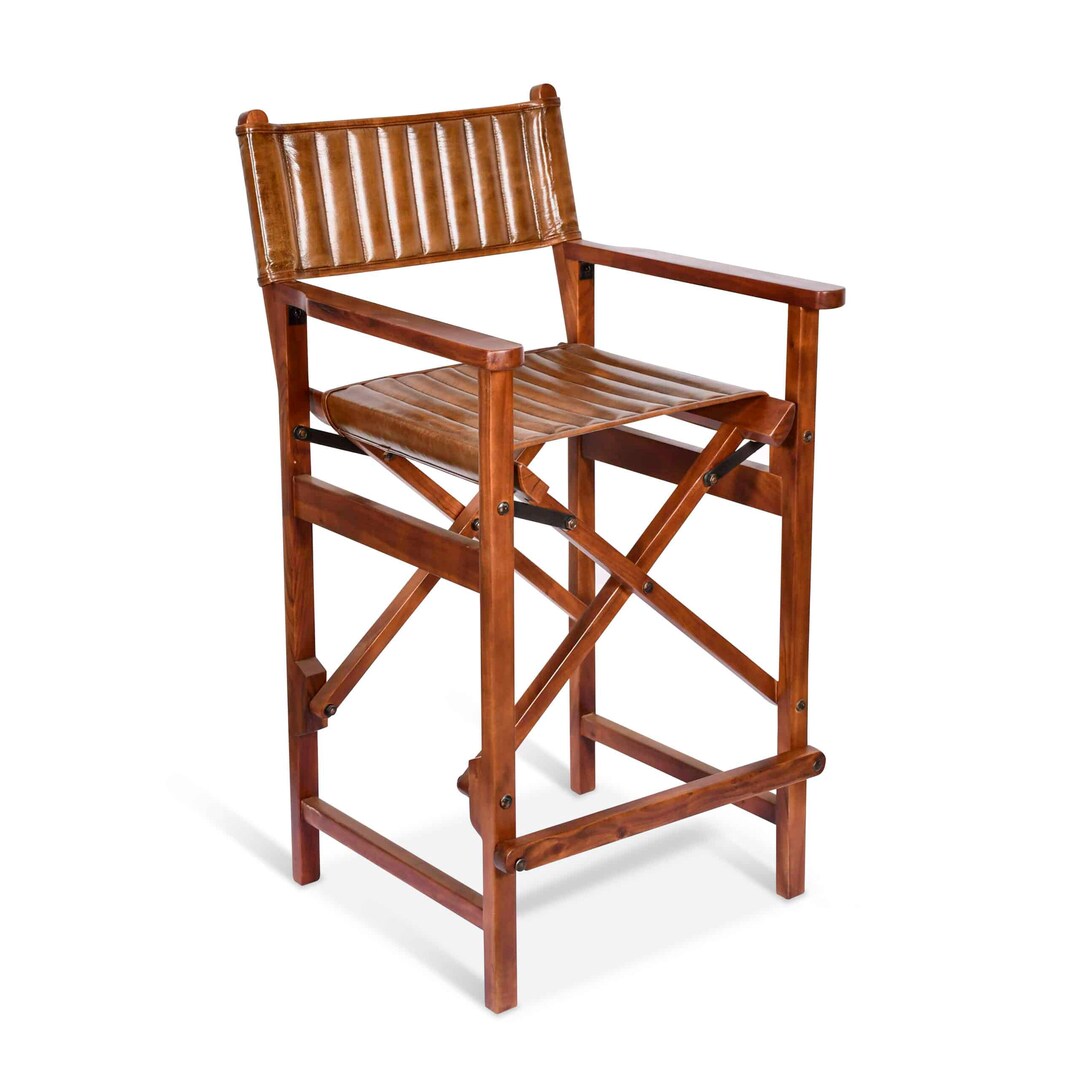 Handcrafted Wooden Director Chair With Leather Seat - Rustic Bar Stool ...