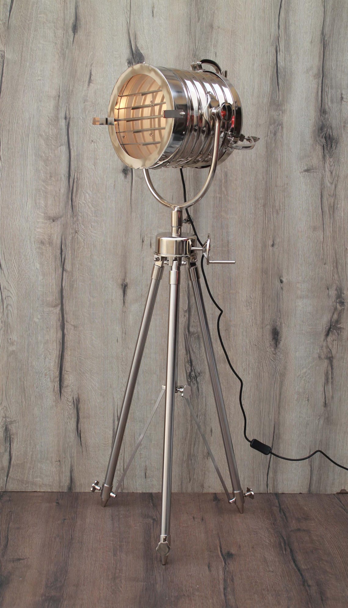 Industrial Tripod Floor Lamp – Vintage Chrome Spotlight Movie Studio ...