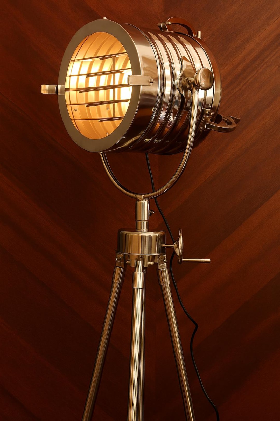 Industrial Tripod Floor Lamp – Vintage Chrome Spotlight Movie Studio ...