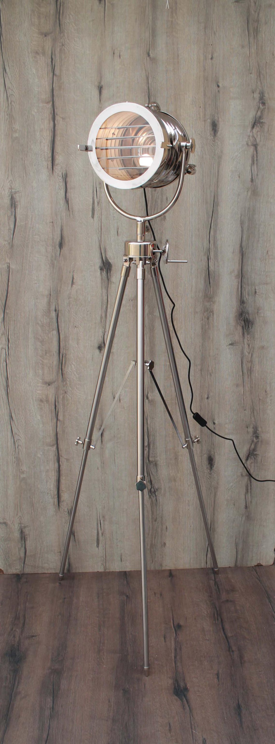 Industrial Tripod Floor Lamp – Vintage Chrome Spotlight Movie Studio ...