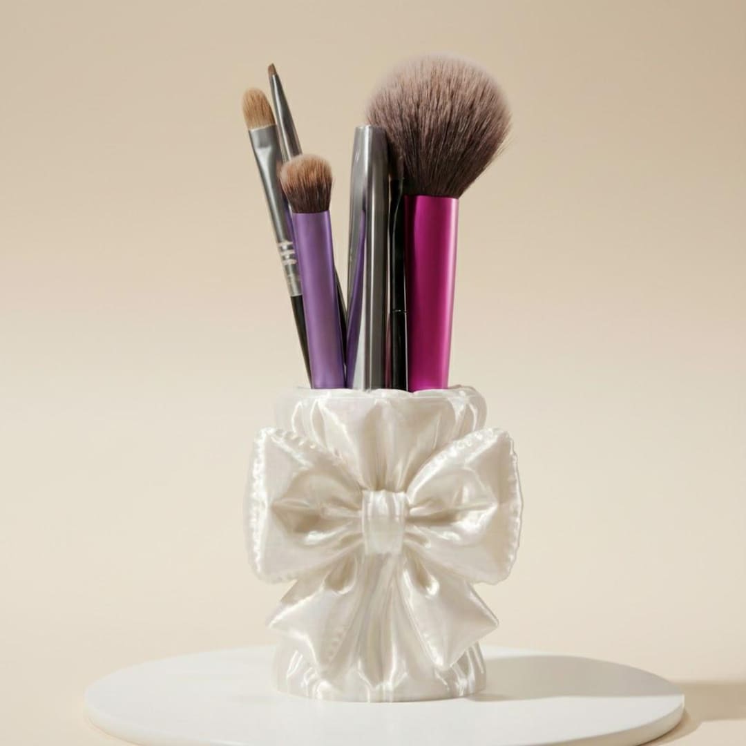 Y3K Bow Makeup Brush Holder | Y2K Pearl Finish Girly Vanity Q-tip & Pen ...