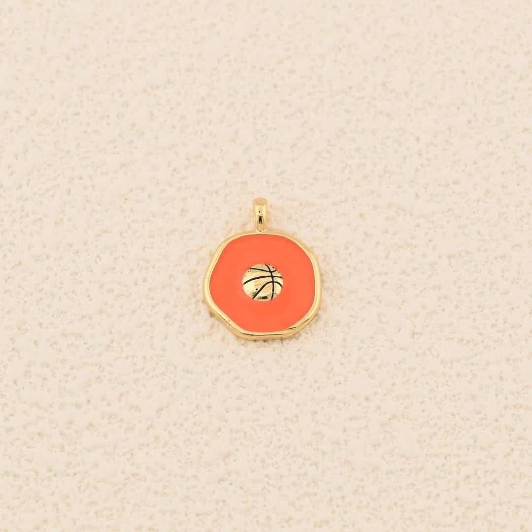 18K Gold Filled Orange Enamel Basketball Pendant Round Sports Charm for ...