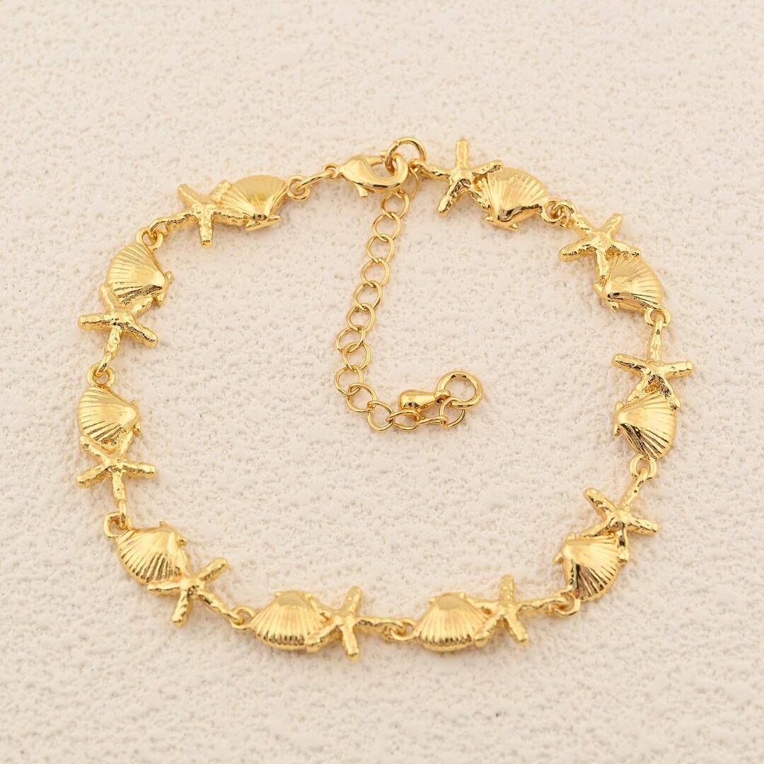 Adjustable 18K Gold Filled Shell and Starfish Chain Bracelet Fashion ...