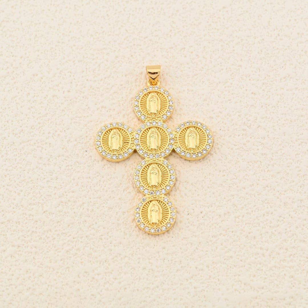 Collar con cruz religiosa con iconos de la Virgen María y brillantes ...