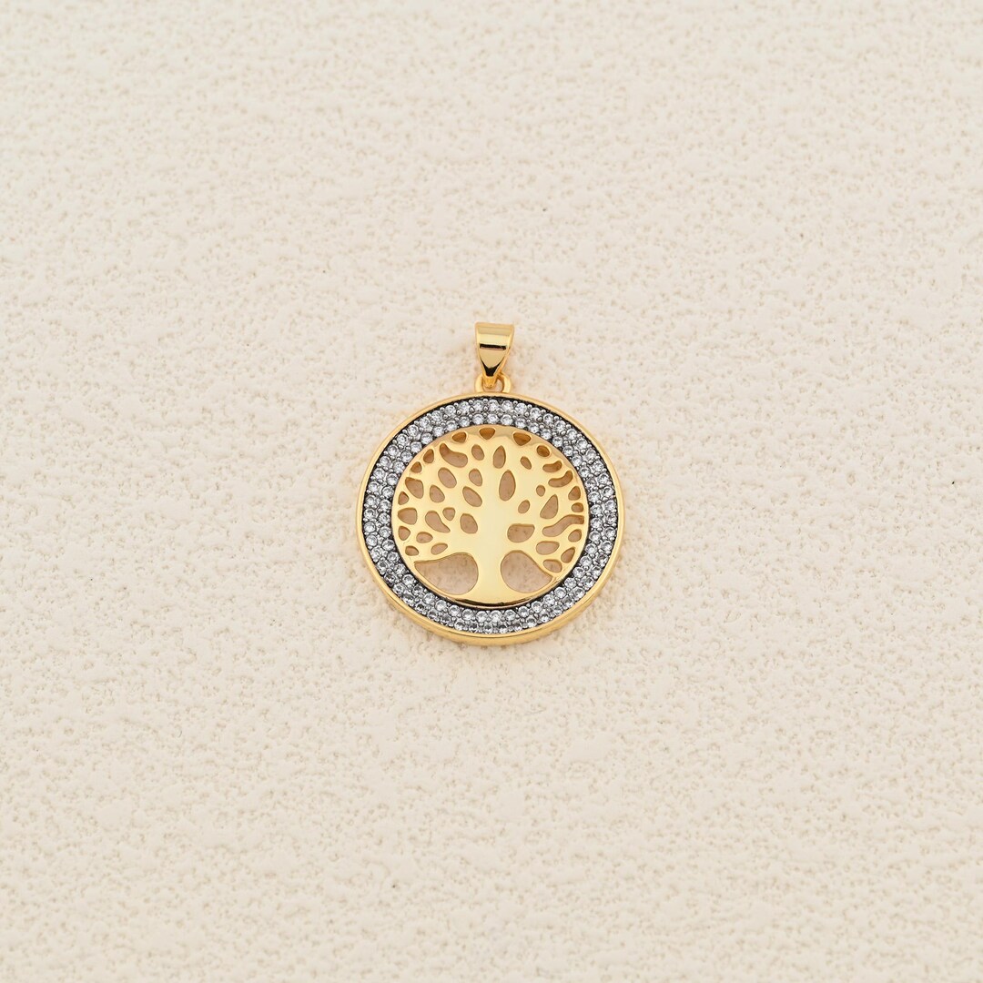 Round 18k Gold Filled Tree of Life Pendant With Sparkling CZ Border for ...
