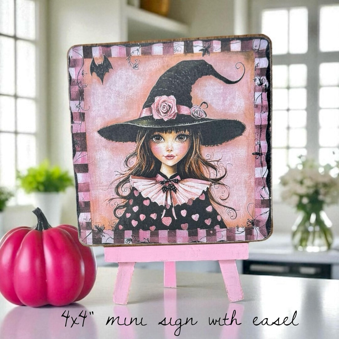 New! Cute! Mini Pink WITCH Sign With Easel 4x4”. *pinkoween Tray Decor ...
