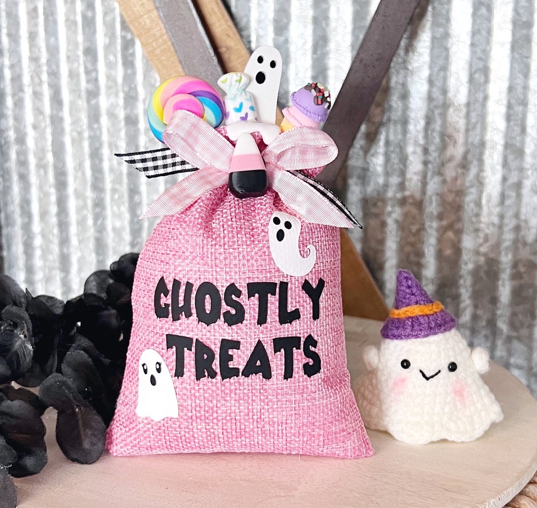 Mini Ghostly TREATS Sack. Mini PINK Halloween Sack. Tiny Burlap Sack ...