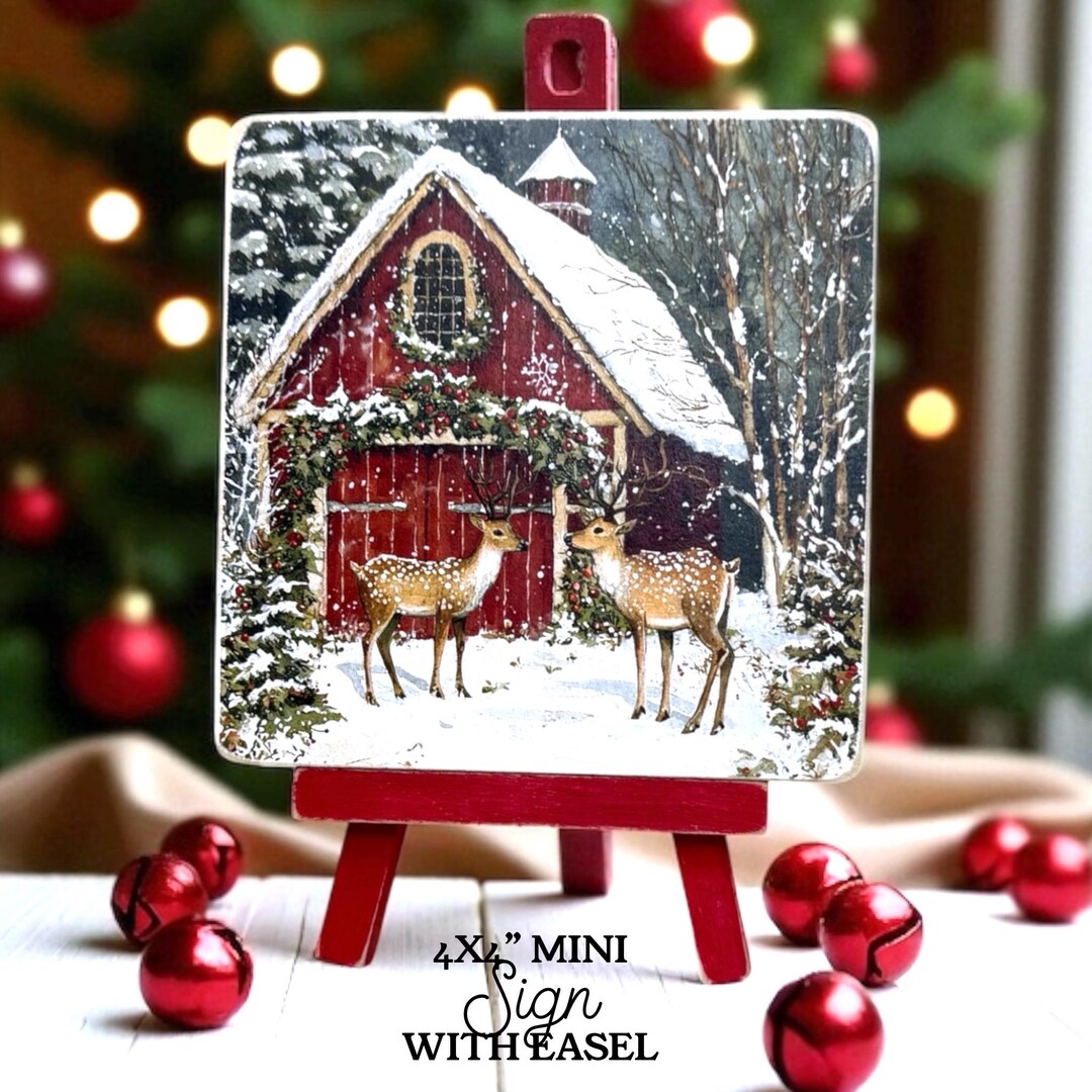 Mini Rustic Christmas Red Barn With DEER Sign With Easel 4x4 ...