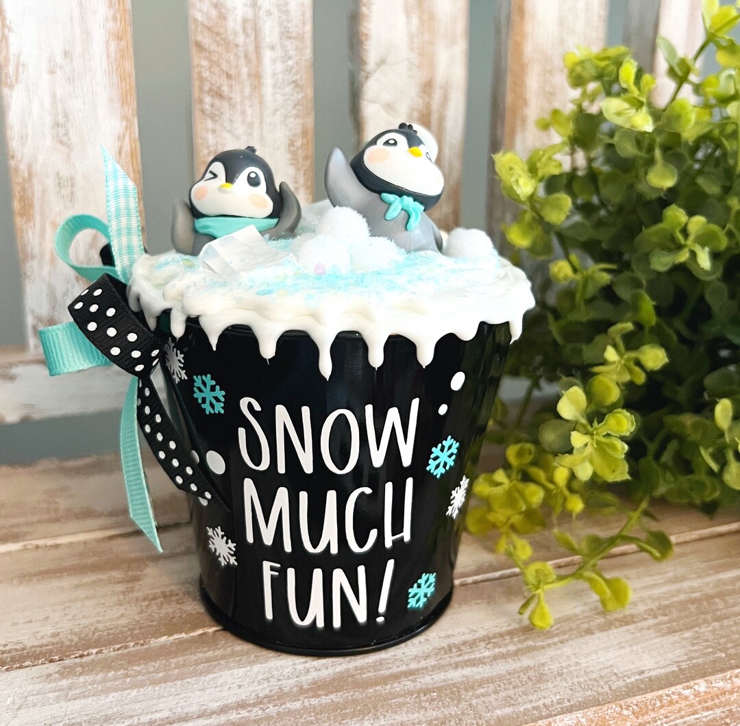 New Mini SNOW Much FUN Penguin Tray Decor Metal Pail. Winter Tiered ...
