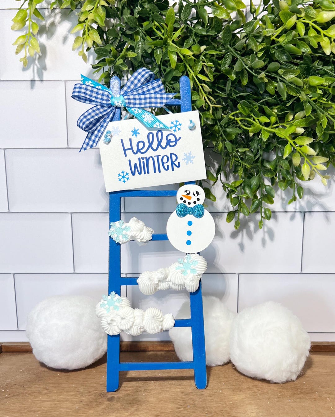 Blue Snowman Mini Ladder. Hello Winter Tray Decor. Snowman Tray Decor ...