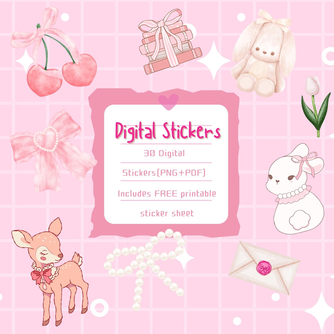 Cute Girly Digital Stickers | 30 PNG Stickers + Free Printable Sticker ...