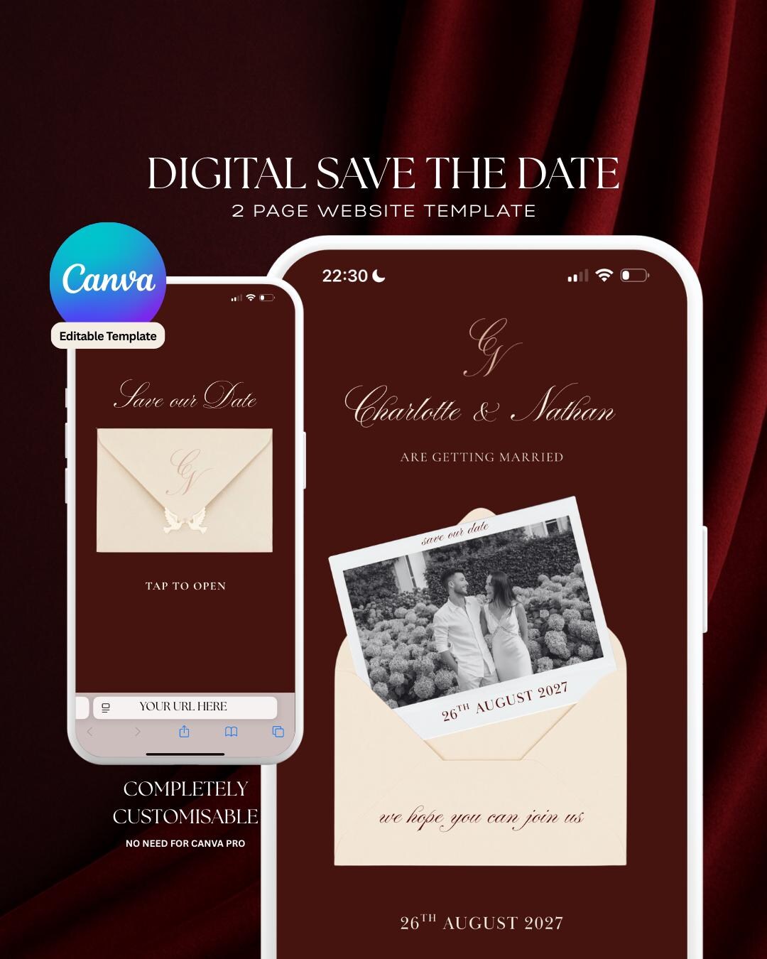 Burgundy and Red Elegant Save the Date Website Canva Digital Template ...