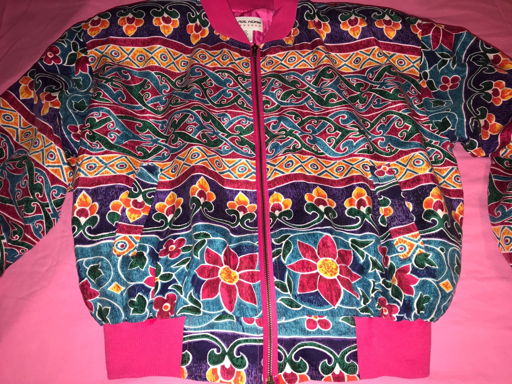 Vintage Colorful Silk Jacket. 80's Silk Jacket. Pink Floral Silk Jacket ...