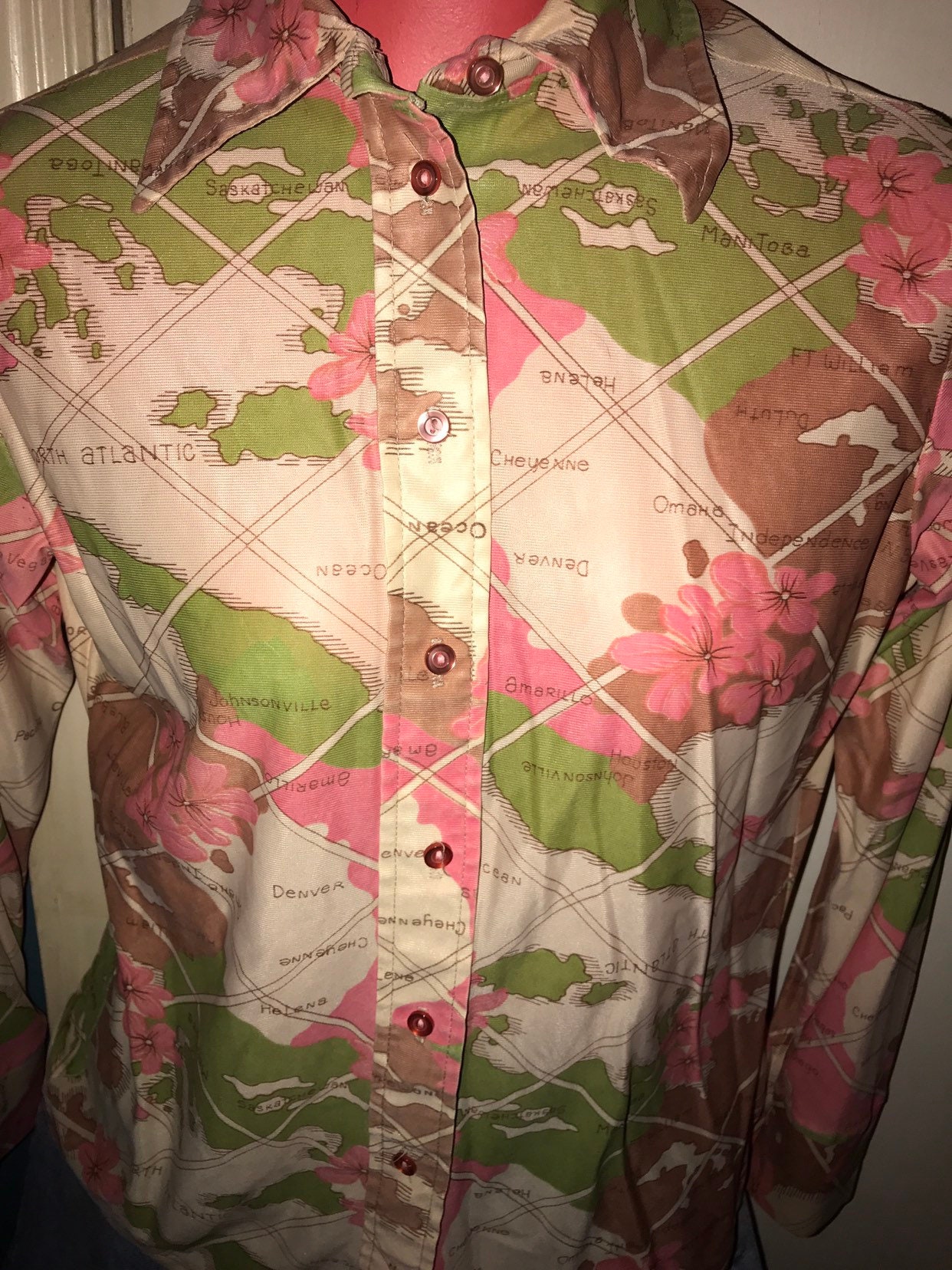 Vintage 1970's Polyester Shirt. Map Shirt. Map Design Blouse. Pink amd ...