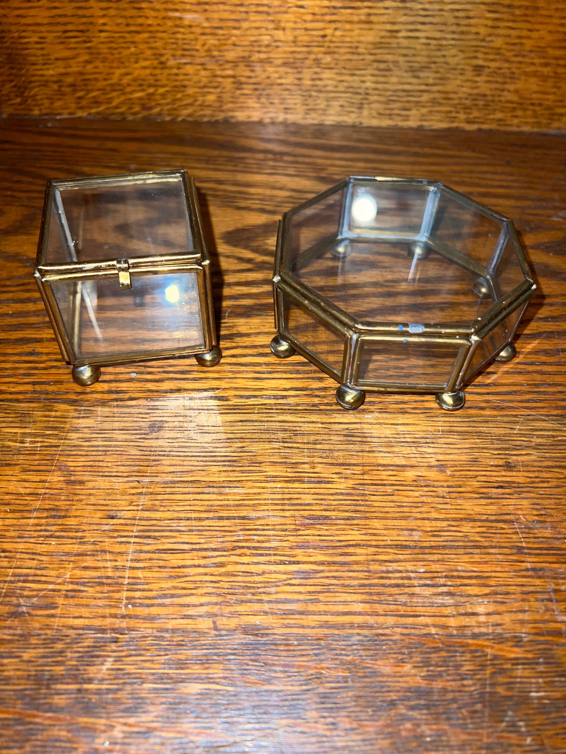 Vintage Set of Two Glass and Brass Trinket Boxes. Small Glass Trinket ...