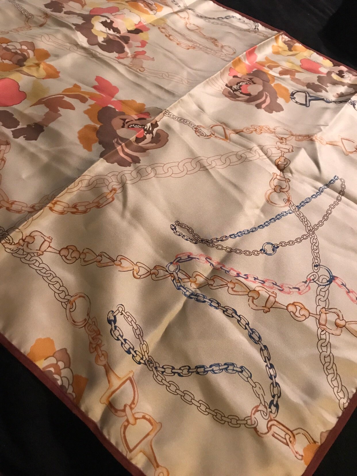 Vintage Silk Scarf. Pink And Gold Chain Design Scarf. Brown Floral Pink ...