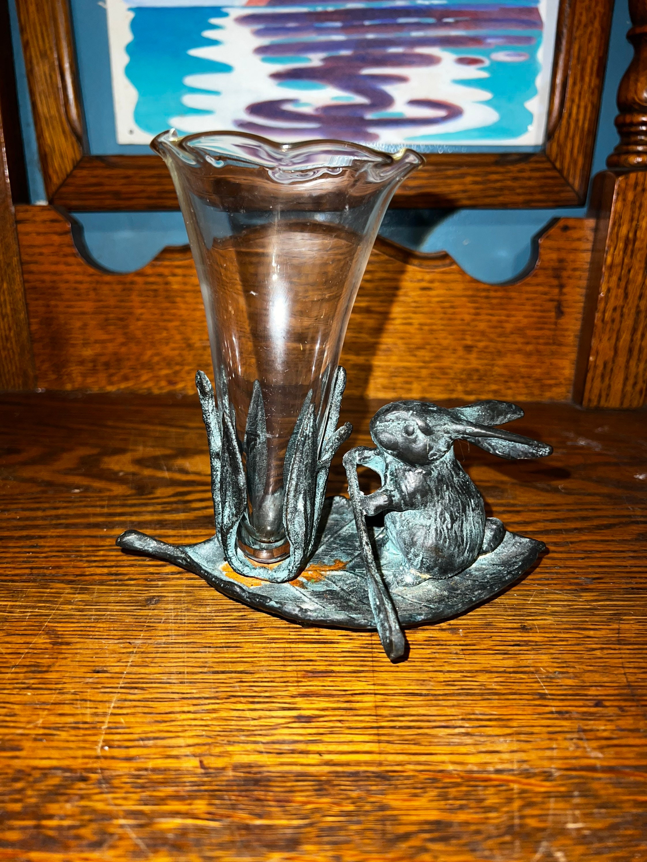 Vintage Verdigris Cast Bunny on Lily Pad Vase. Verdigris Flower Vase ...