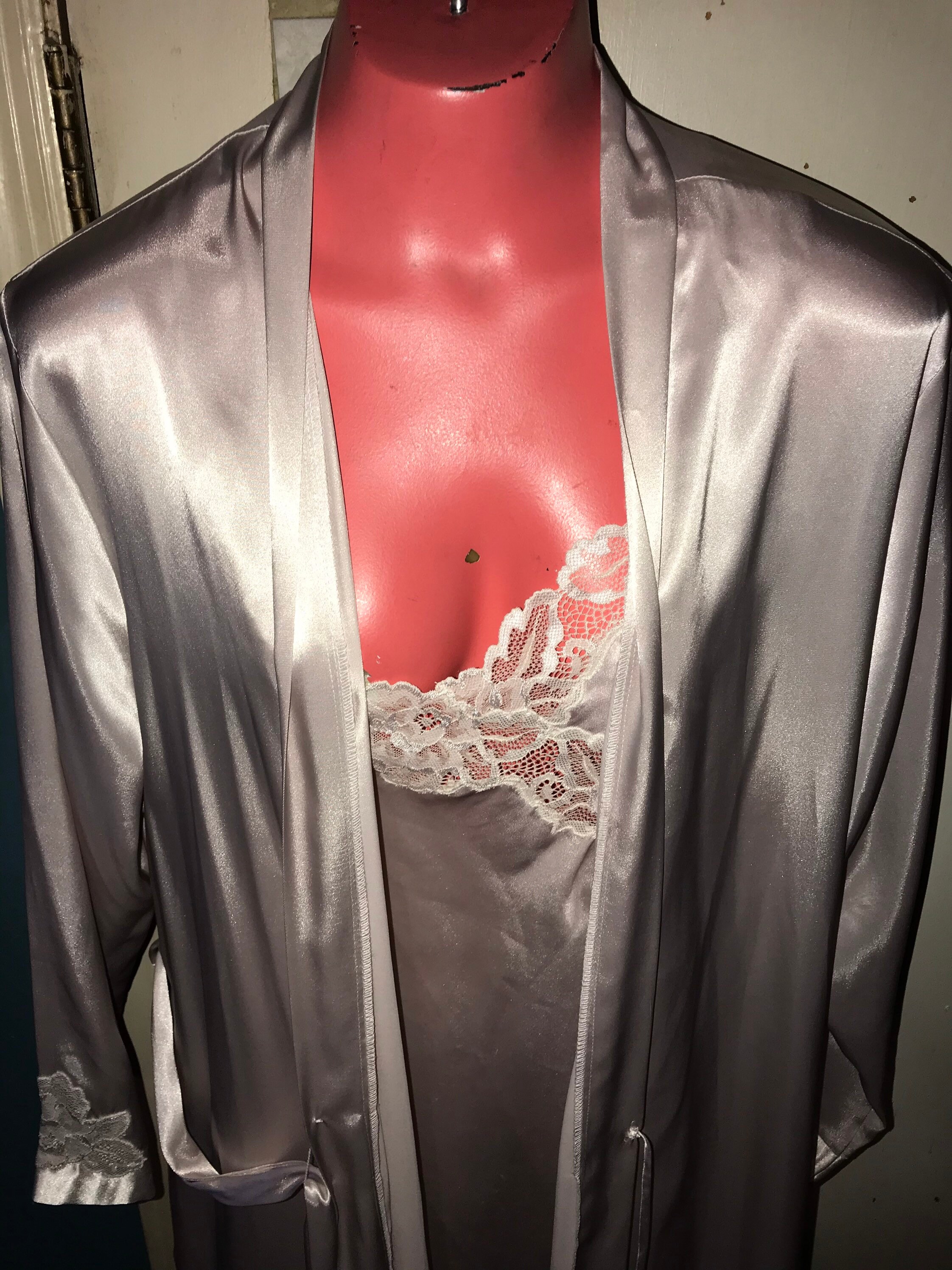 Vintage Halston Silver/Gray Satin Robe and Nightgown. Halston Plus Size ...