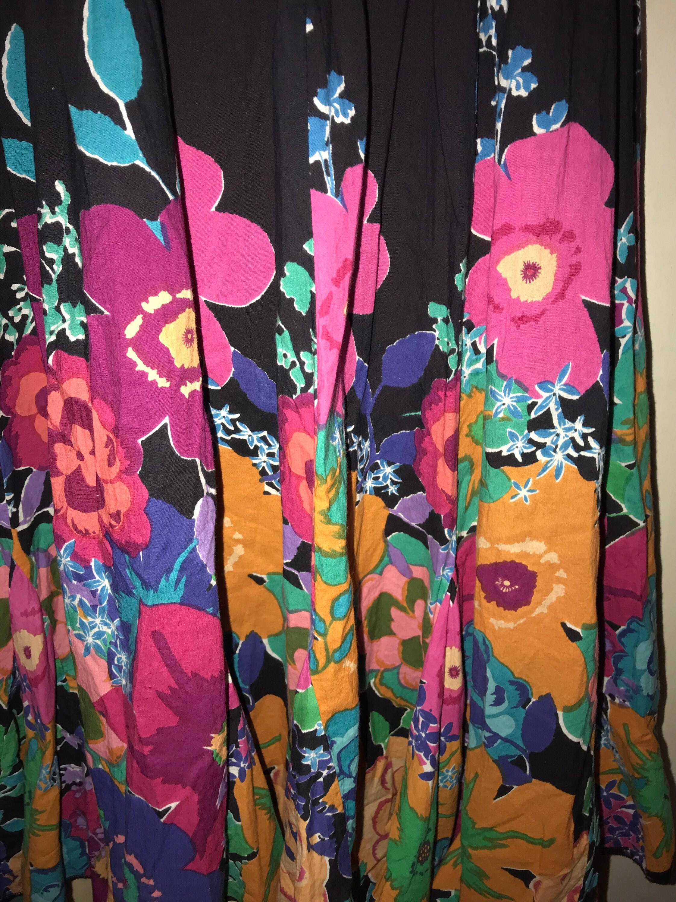 Vintage Long Black Floral Dress Flowing Floral Skirt Dress Excellent Black With Bright Flowers