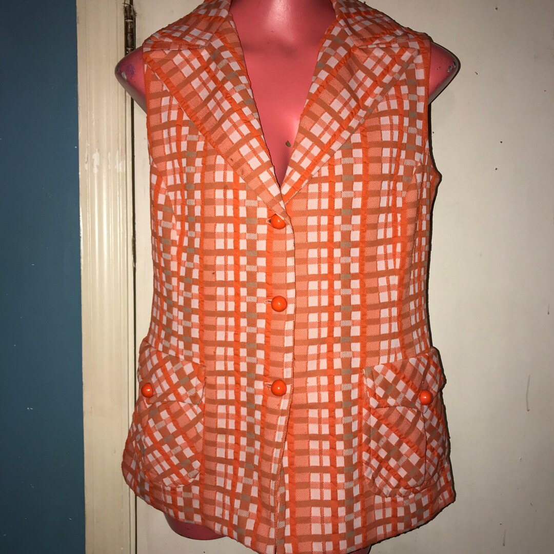 Vintage 60s Orange Polyester Vest. Orange and White Vest. Vintage Long ...