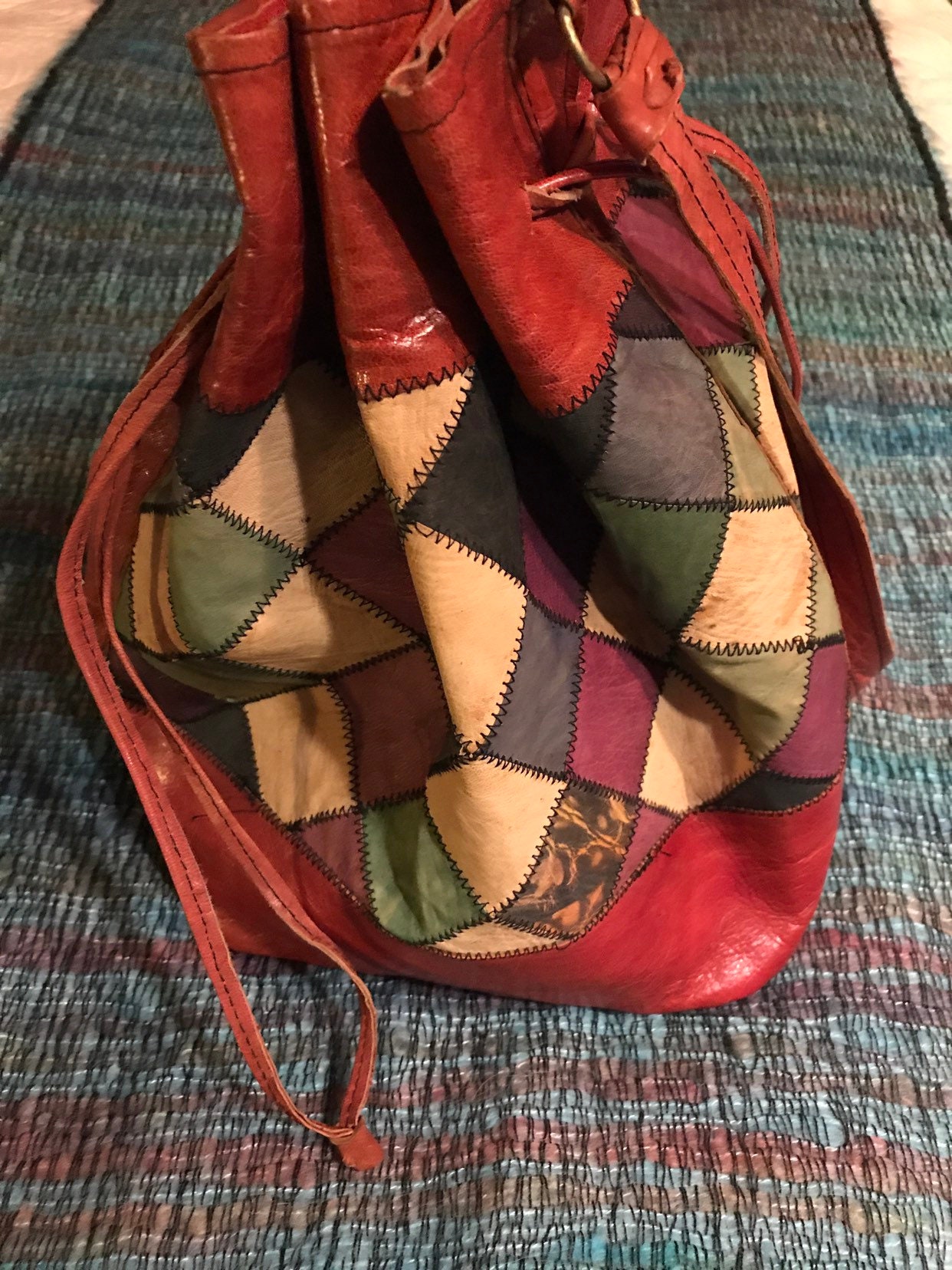 Vintage Patchwork Purse. Handmade Leather Patchwork Purse. Drawstring ...