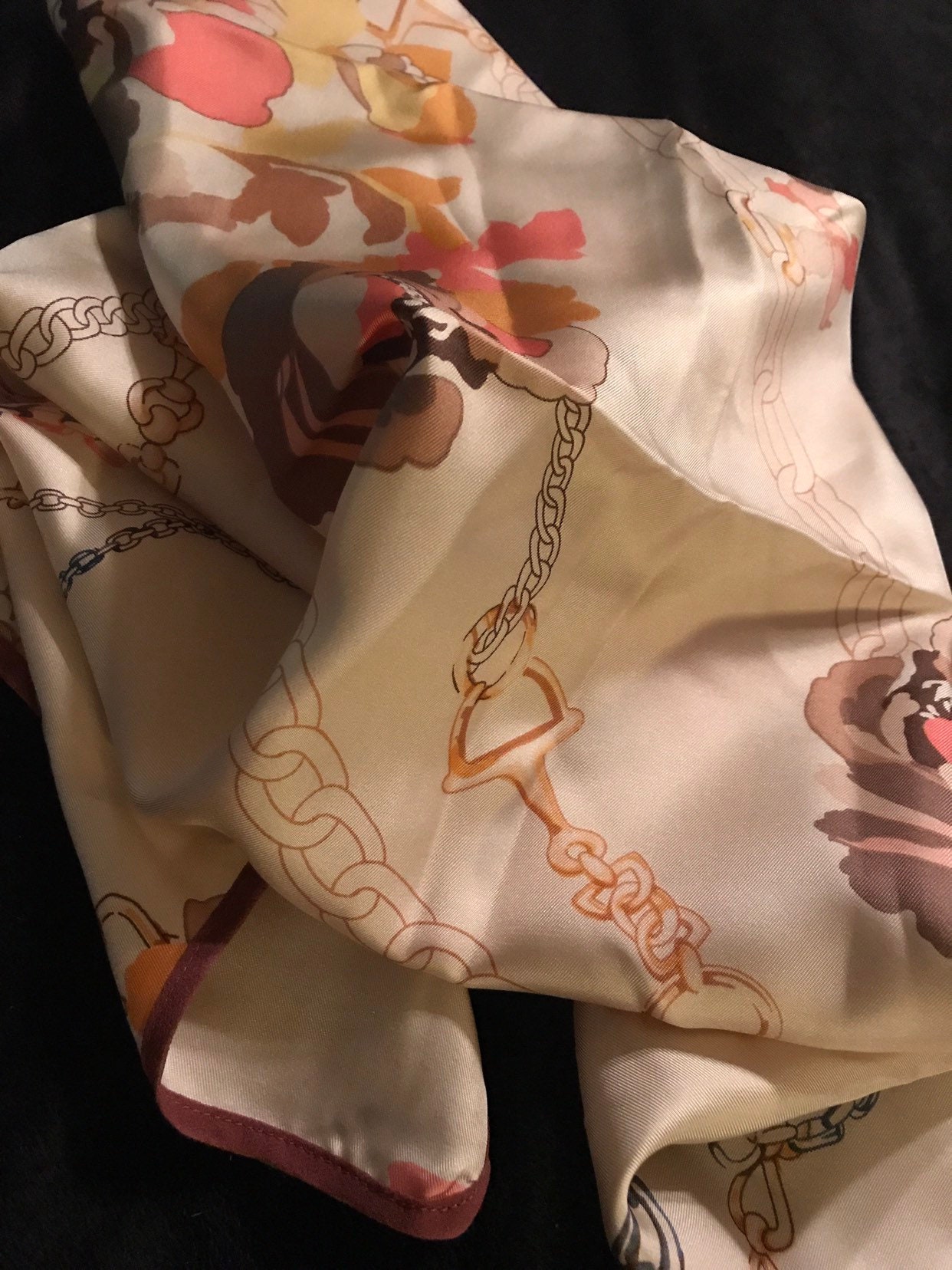 Vintage Silk Scarf. Pink And Gold Chain Design Scarf. Brown Floral Pink ...