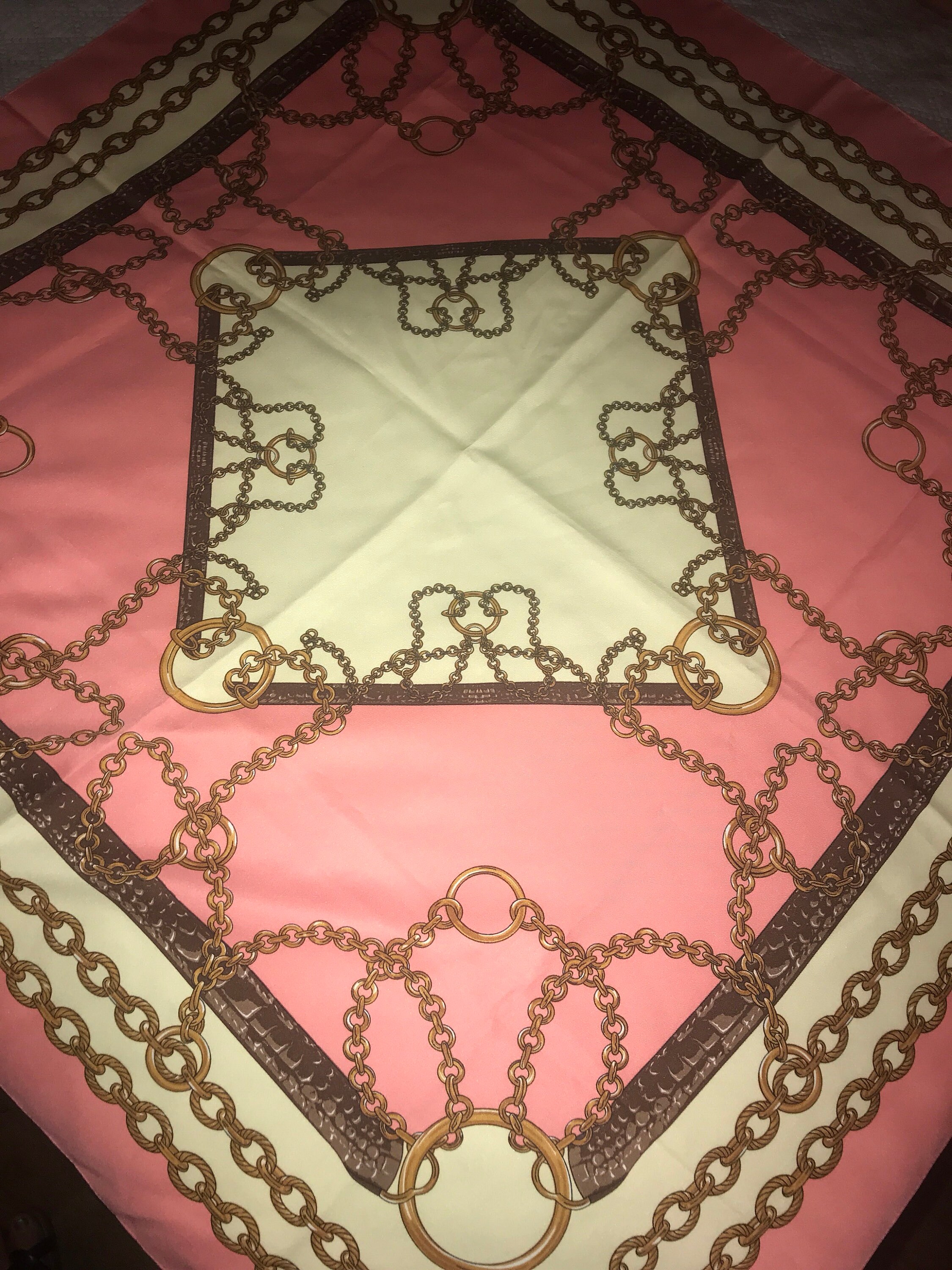 Vintage Echo Satin Scarf. Large Pink And Gold Chain Design Scarf. Echo ...