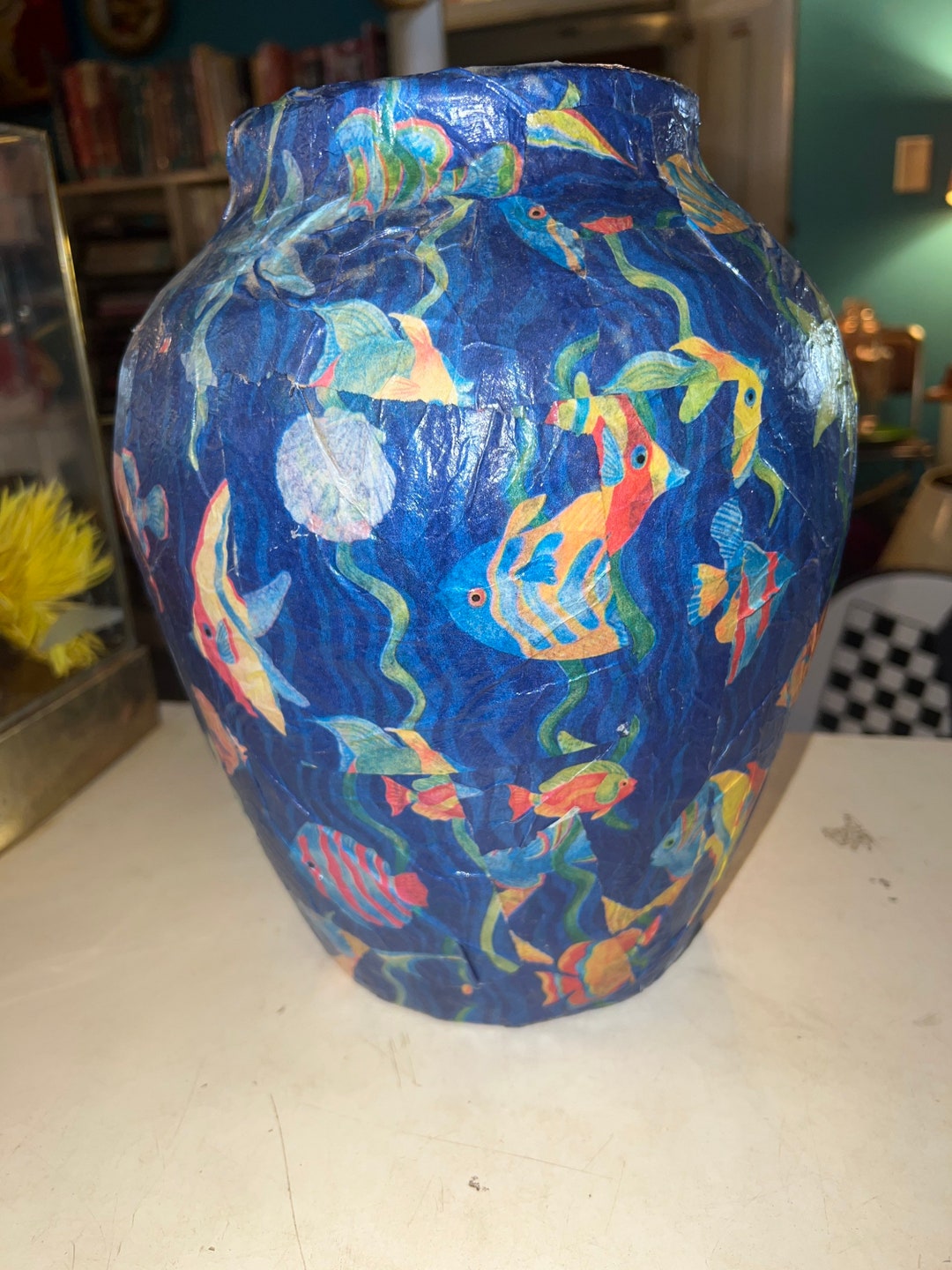 Vintage Paper Mache Vase. Tropical Fish Paper, Vase Cannot Hold Water ...