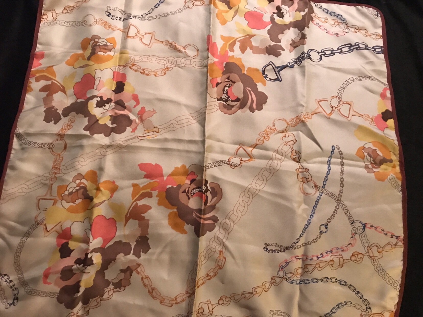 Vintage Silk Scarf. Pink And Gold Chain Design Scarf. Brown Floral Pink ...