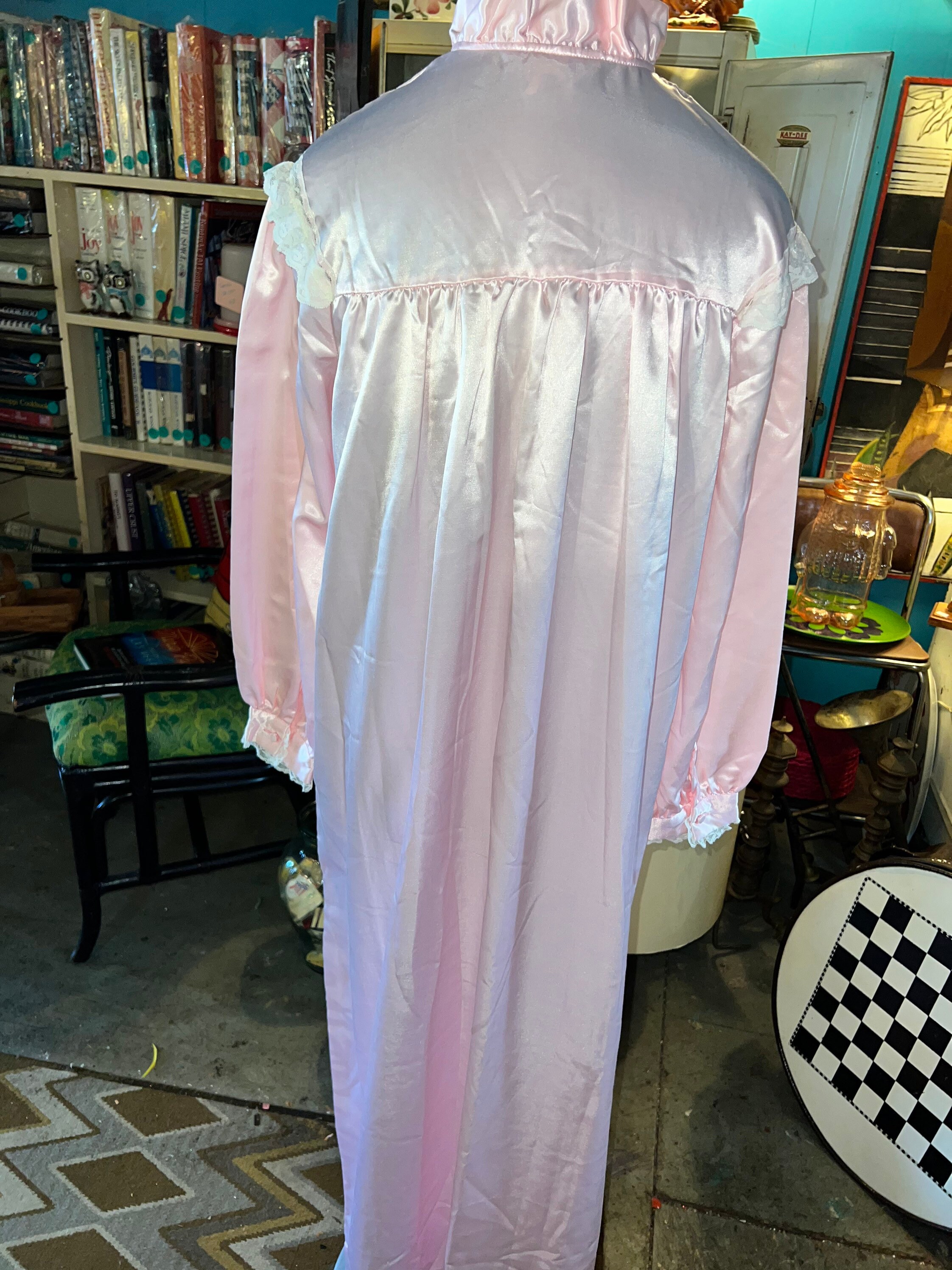Vintage Pink Satin and Lace Country Cottage Romantic Nightgown. Long ...
