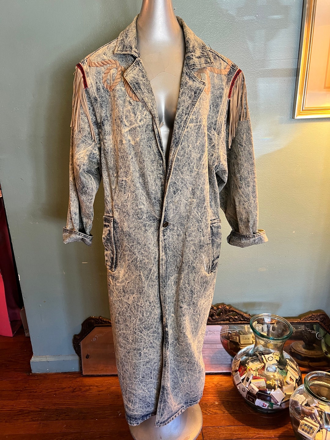 Vintage Incredible Acid Wash Denim Duster Jacket. Cowboy Designs Blue ...