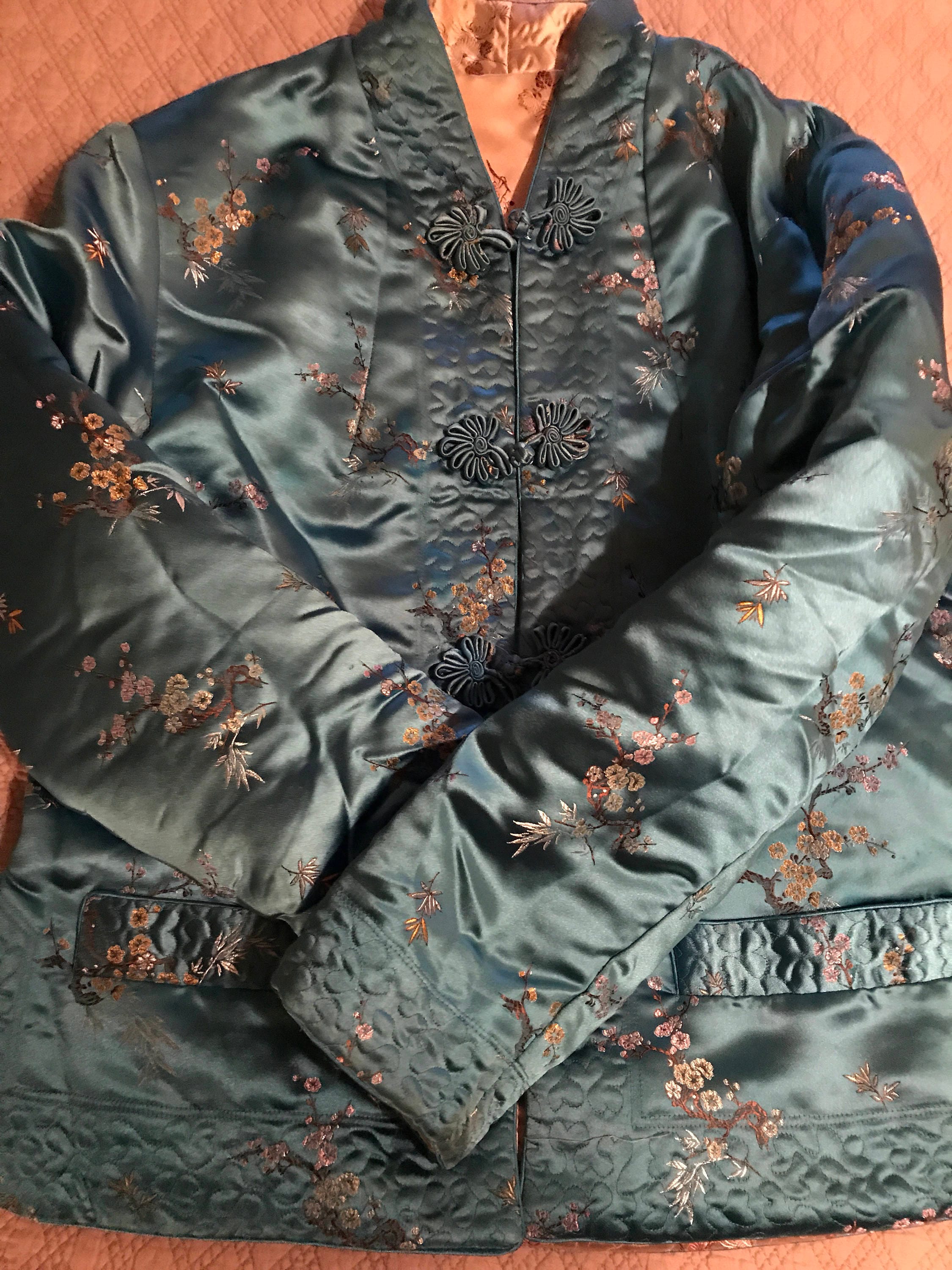 Vintage Silver Asian Silk Jacket. Satin Jacket. Asian Silk Jacket. Silk ...