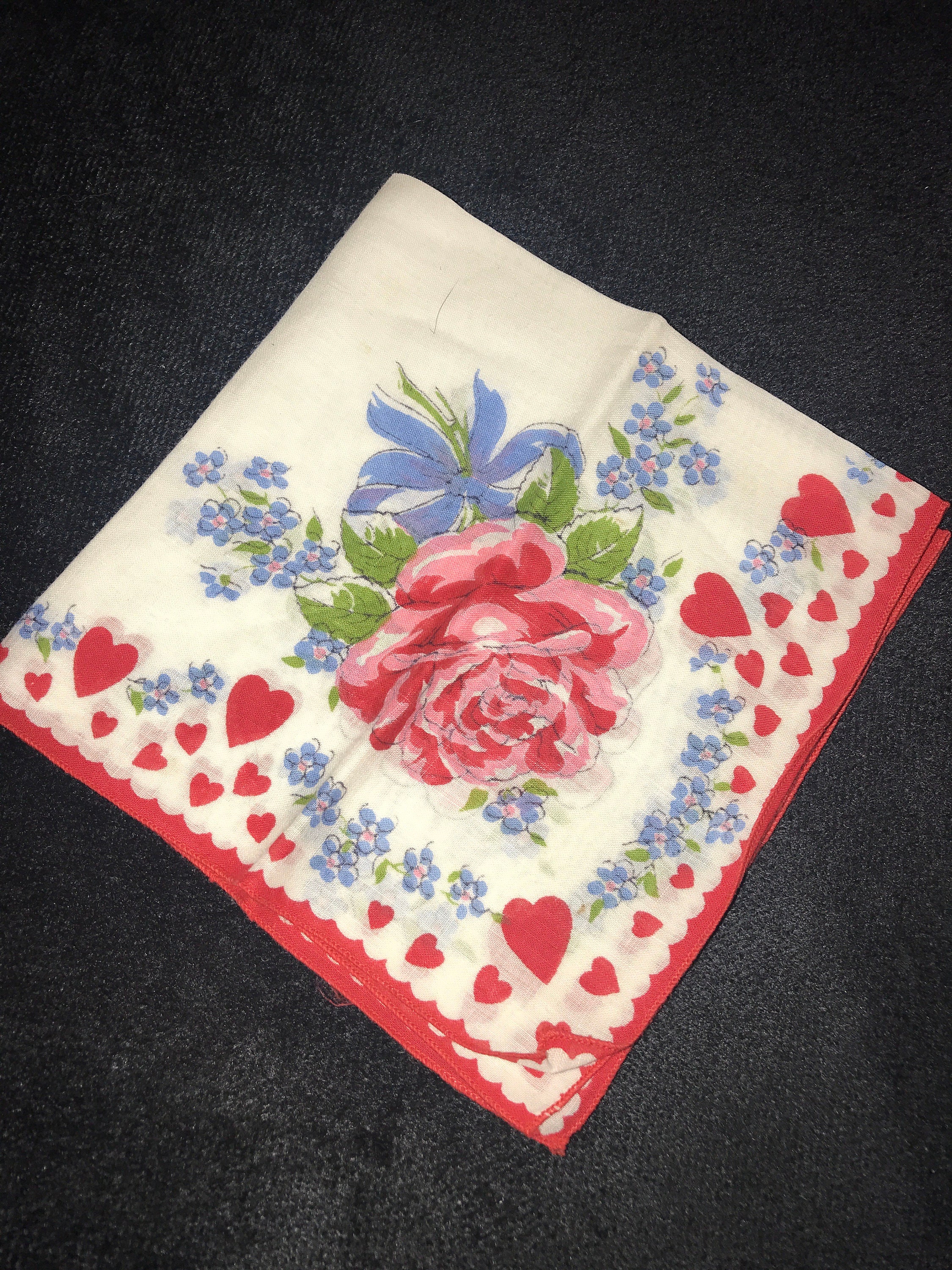 Vintage White Heart and Flowers Handkerchief. Valentine Hankie. Love ...