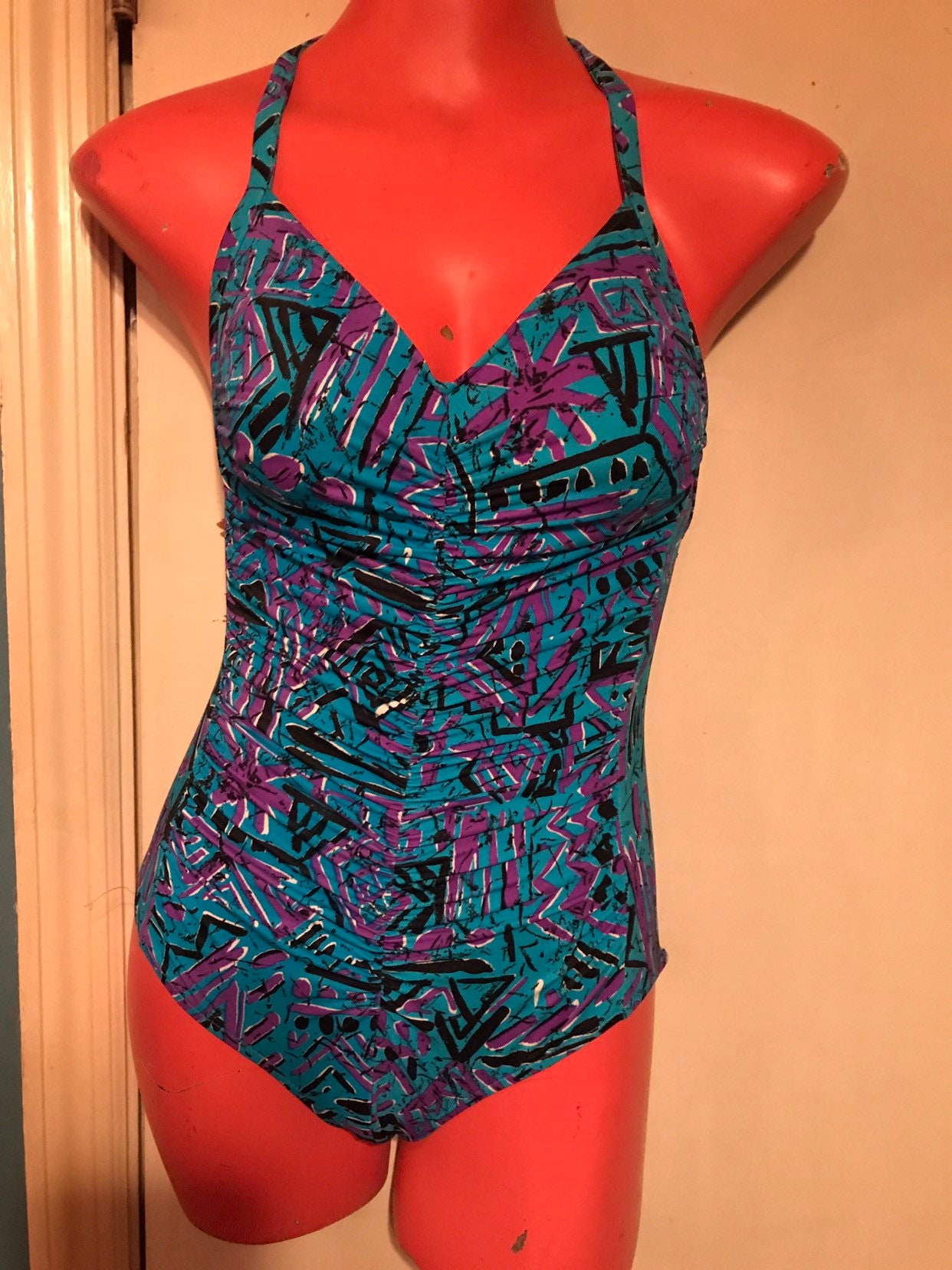 Vintage 1980's Swimsuit. Vintage Turquoise, Purple, and Black Swimsuit ...