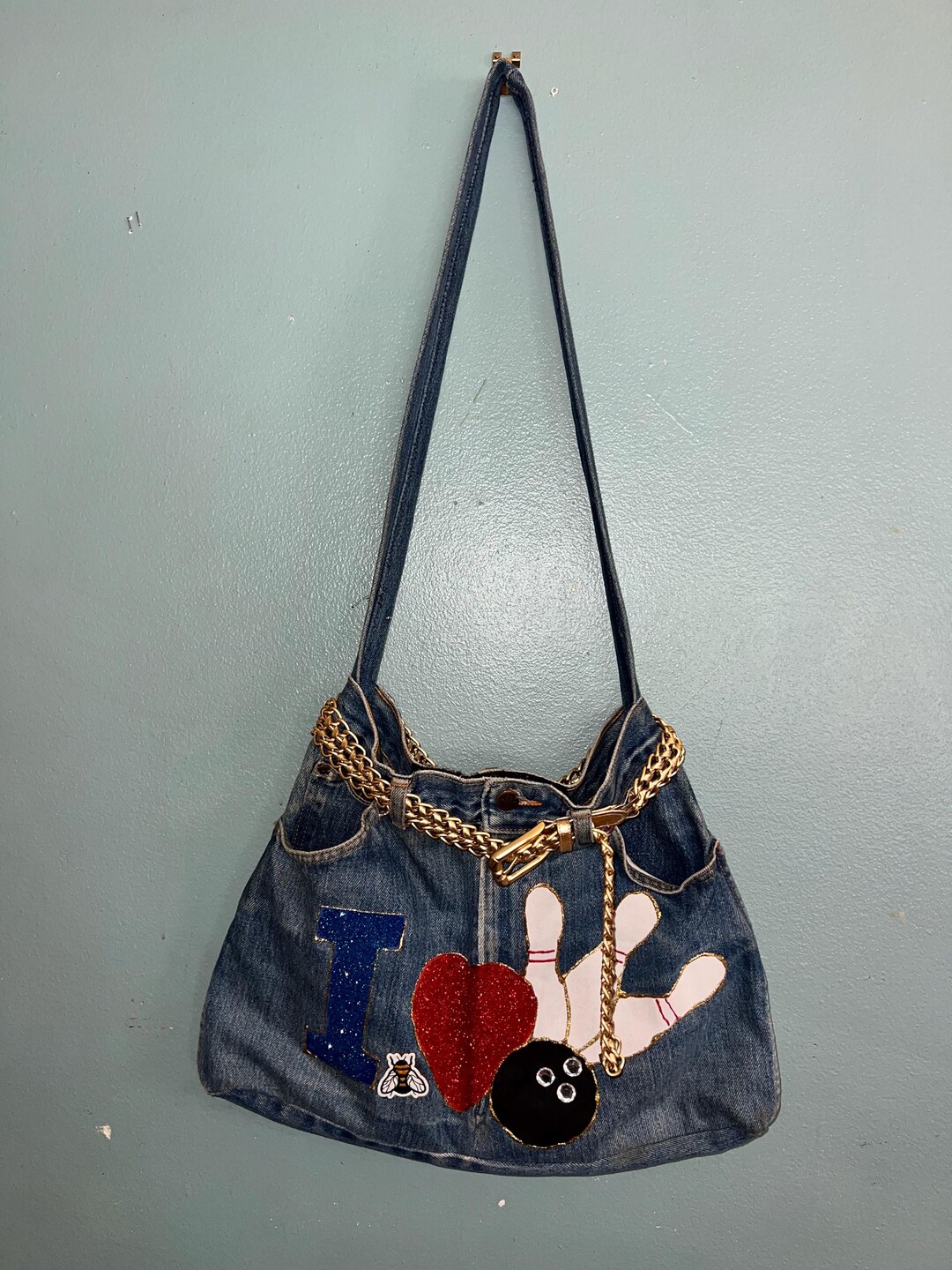 Vintage Handmade Denim Purse, I Heart Bowling Hand Painted Purse - Etsy